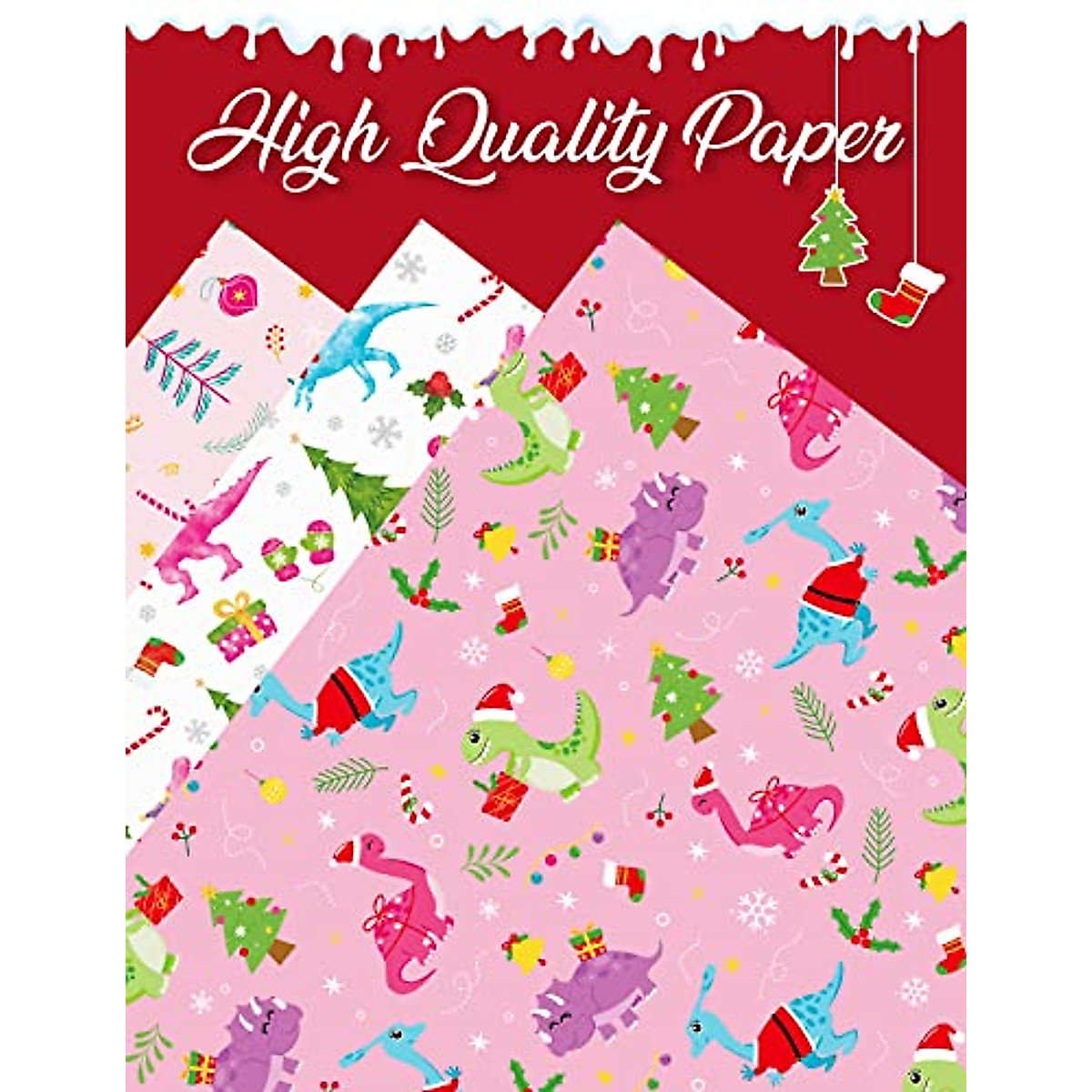 Christmas Dinosaur Wrapping Paper 10 Sheets 20" x 27" Pink Christmas Wrapping Paper Flat Fold Christmas Gift Wrap Paper Pink Girls Wrapping Paper Kids Dinosaur Gift Wrap Dino Birthday Wrapping Paper
