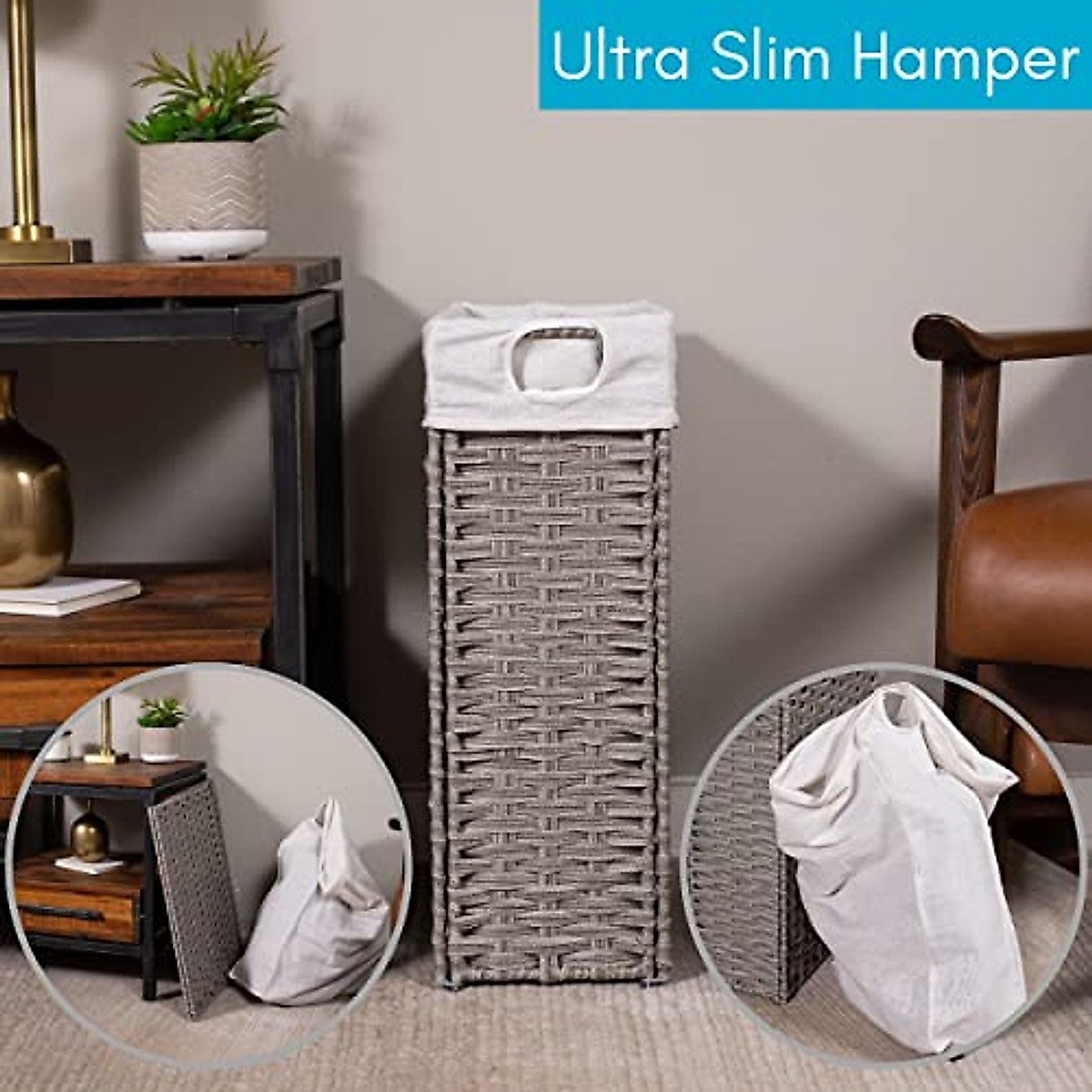 BIRDROCK HOME 22" Slim Laundry Hamper with Removable Liner Bag | Grey | Handwoven | Compact Collapsible Clothes Basket | Synthetic PE Rattan