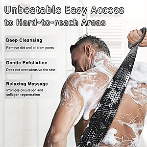 FREATECH Exfoliating Silicone Back Scrubber - 38" Dual-sided Shower Back Washer for Deep Cleansing and Massage, Cover the Entire Back, Smooth & Rejuvenate Skin, Easy to Clean and Long-lasting, Black