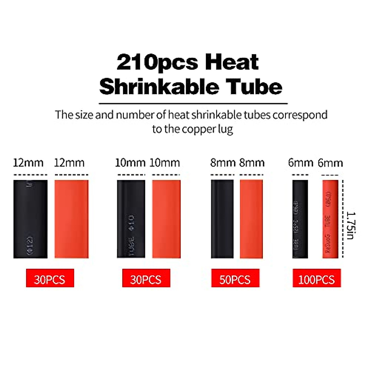 170pcs Battery Cable Closed End and 210pcs Heat Shrink Tubing, Copper Battery Cable Ends for Automotive Supplies AWG 4, AWG 6, AWG 8, AWG 10, AWG 12