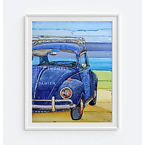 Antique Classic Cars Art Prints, Set of 4, Danny Phillips Fine Art, Mixed Media Collage Artwork, Coastal Wall Decor, 8x10 Inches