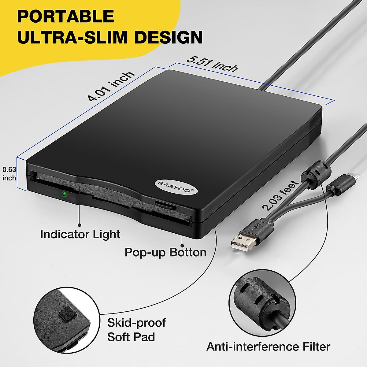 Floppy Disk Reader, External USB 2.0 & Type C Floppy Disc Reader, Portable 3.5 inch 1.44 MB Floppy Disk Drive for PC Laptop and Desktop with Windows 11/10/8/7/XP