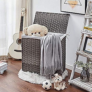 GREENSTELL Laundry Hamper with 2 Removable Liner Bags, Divided Clothes Hamper, 110L Handwoven Synthetic Rattan Laundry Basket with Lid and Handles, Foldable & Easy to Install Gray 22.2x13.3x24 Inches