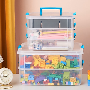 Yesland Large 2 Layer Stack & Carry Box - 13.75 x10 x 7.5 Inch Plastic Stackable Craft Storage Box Container with Handle - Portable Organizer Box for Stationery, Sewing, Art Craft, Jewelry,