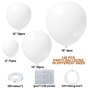 140Pcs White Balloons White Balloon Garland Arch Kit 5/10/12/18 Inch Matte Latex White Balloons Different Sizes as Baby Shower Balloons Birthday Balloons Wedding Christmas Balloons Party Decorations