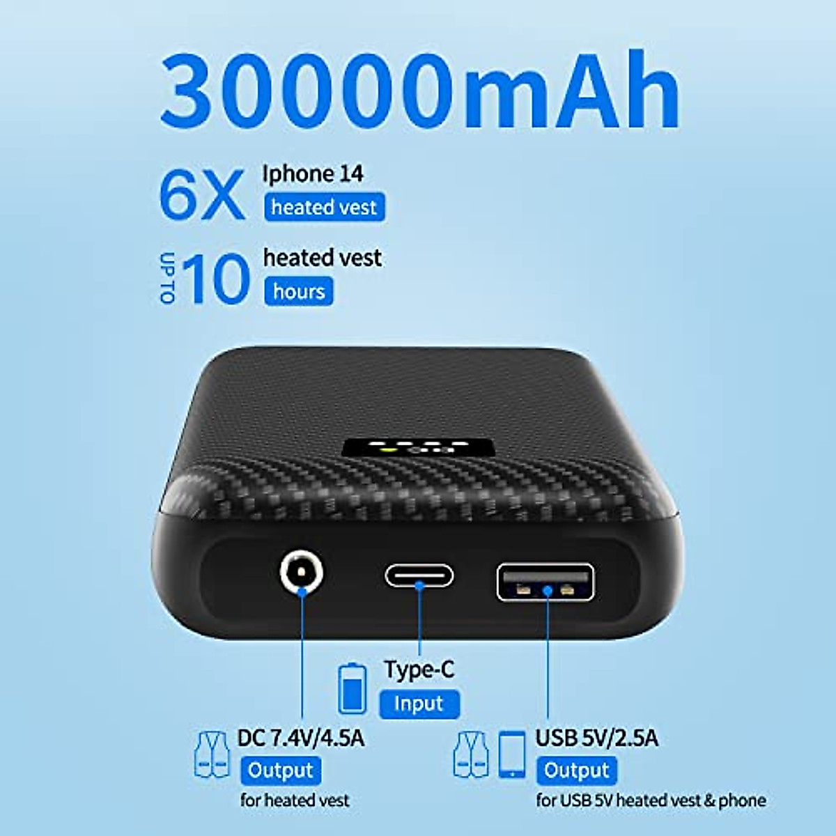 MOSILA Heated Vest Battery Pack, Portable Charger with DC and USB Output Ports, 5V/7.4V 30000mAh Power Bank for Heated Jacket and Heated Hoodie, LED Display Portable Charger for iPhone Android