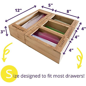 Ziplock Bag Organizer for Kitchen Drawer | Bamboo Food Storage Organizer Set for Ziplock Bags | 4 Pieces: Gallon, Quart, Snack & Sandwich | Compatible with Popular Brands like: Ziplock, Glad,and Hefty