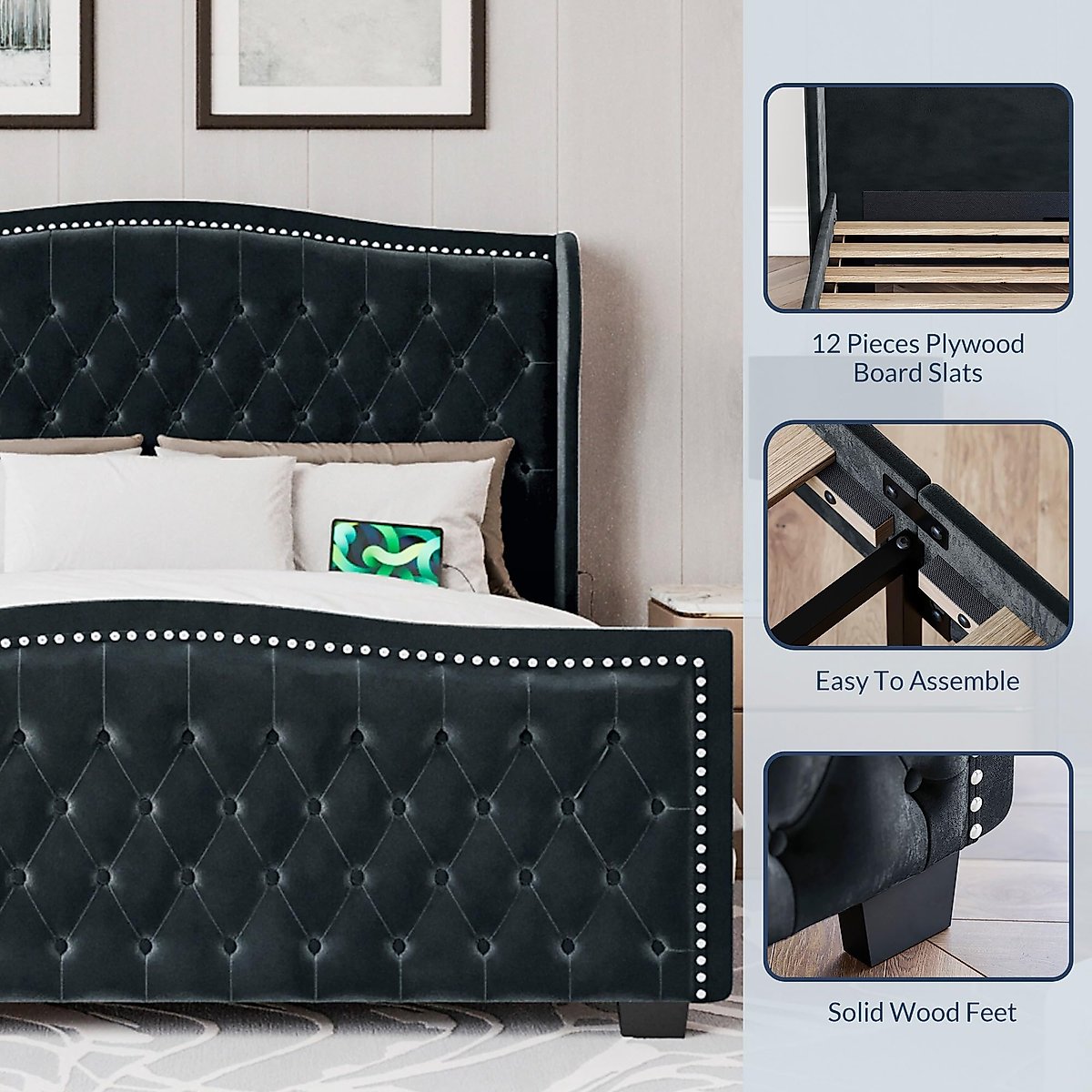 BELLEZE King Headboard Bed Frame with Fast Charging Port, Upholstered Platform Bed Frame with Handmade Button Tufted Headboard, Stable Noise-Free Bedroom Bed, No Box Spring Needed - Oslo (Gray)