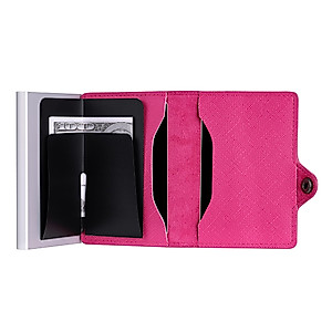 Card Blocr Womens Slim Wallet for Small Purses, Pop Up Wallet with Anti Theft RFID Blocking Credit Card Holder for Women in Pink PU Saffiano