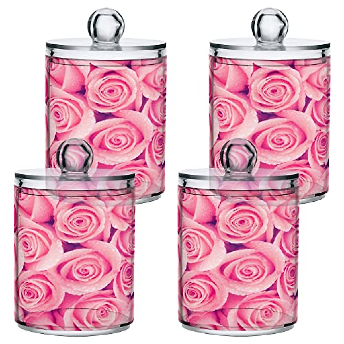 ALAZA 2pcs Vintage Flower Pink Rose Qtip Holder Dispenser 14 oz Bathroom Storage Clear Apothecary Jars Containers Cotton Ball,Cotton Rounds,Floss Picks, Hair Clips, Food