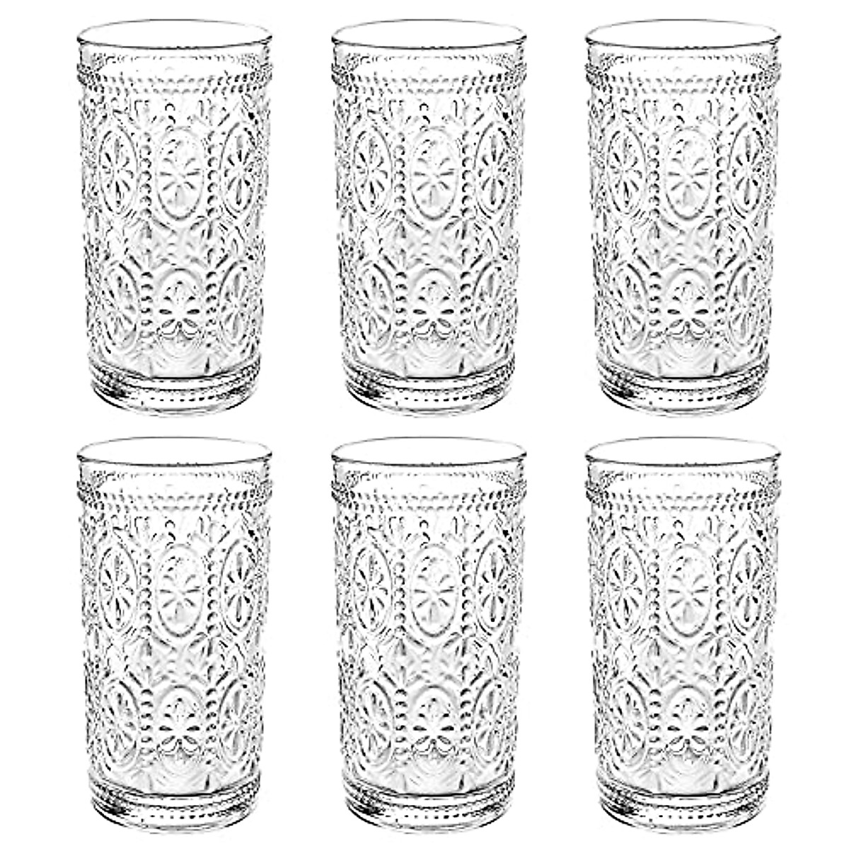 Bekith 6 Pack 12 oz Romantic Water Glasses, Premium Drinking Glasses Tumblers for Beverages, Beer, Refreshments, Vintage Glassware Set for Dinner Parties, Bars, Restaurants