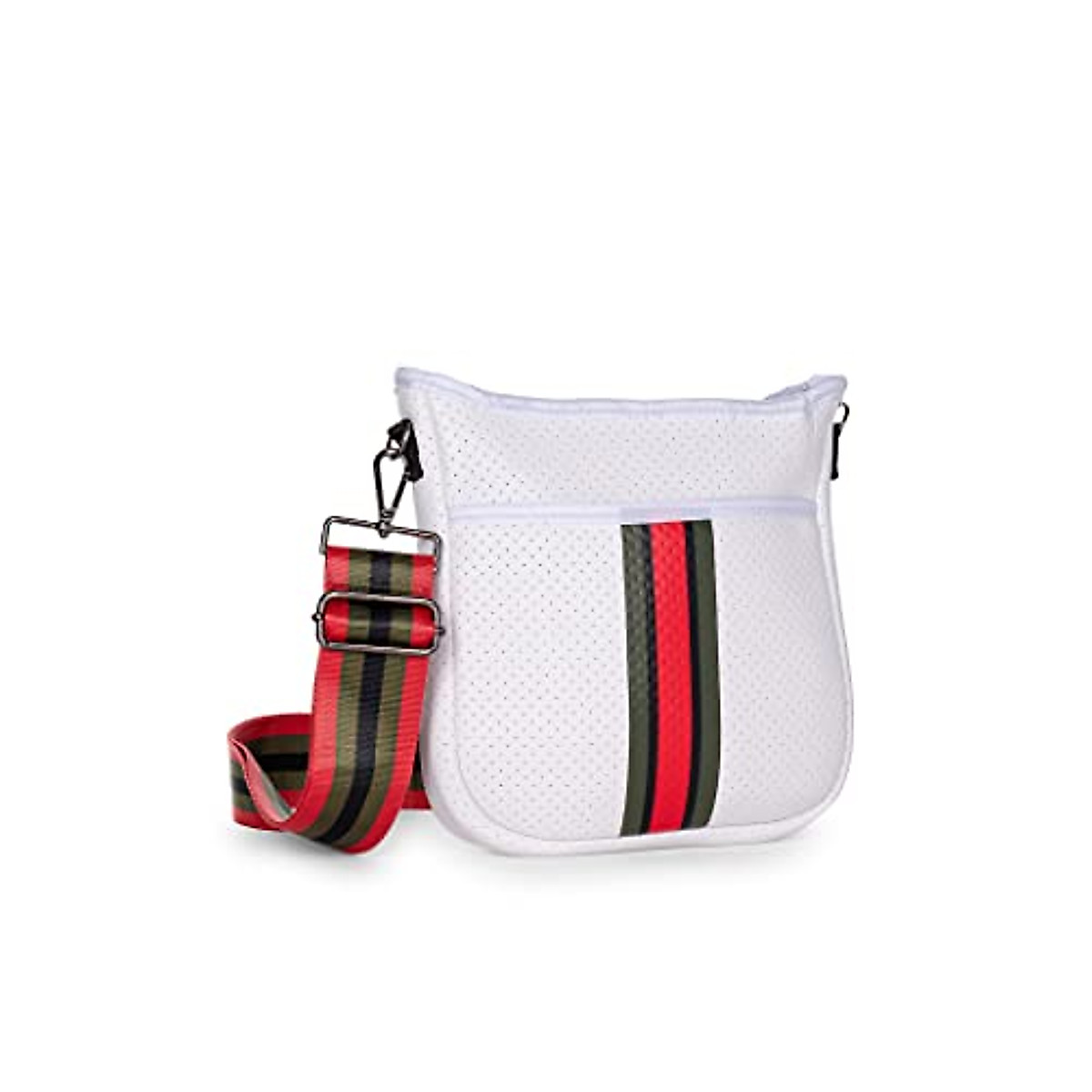 Haute Shore - Jeri Trento Crossbody Tote, White Coated W/Red, Black, & Green Stripe