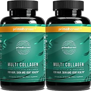Primal Harvest 2 Pack, Multi Collagen Pills for Women and Men (Type I, II, III, V, X) Collagen Supplements for Women and Men, 120 Capsules w/Vitamin C for Hair, Skin, Nails Collagen Peptides Pills