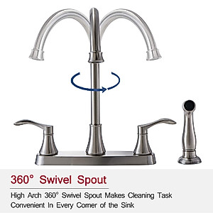 VALISY 3 Hole or 4 Hole Two Handle Kitchen Faucet with Side Sprayer, Commercial Lead-Free Brushed Nickel Kitchen Sink Faucets for Rv Kitchen Sinks with High-Arc Spout & Side Sprayer