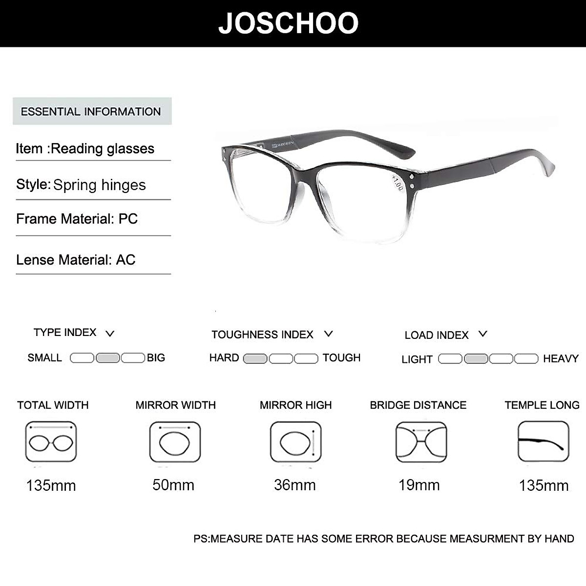 JOSCHOO Reading Glasses 5-Pack Quality Readers Spring Hinge Prime Black Designer Trendy for Men and Women