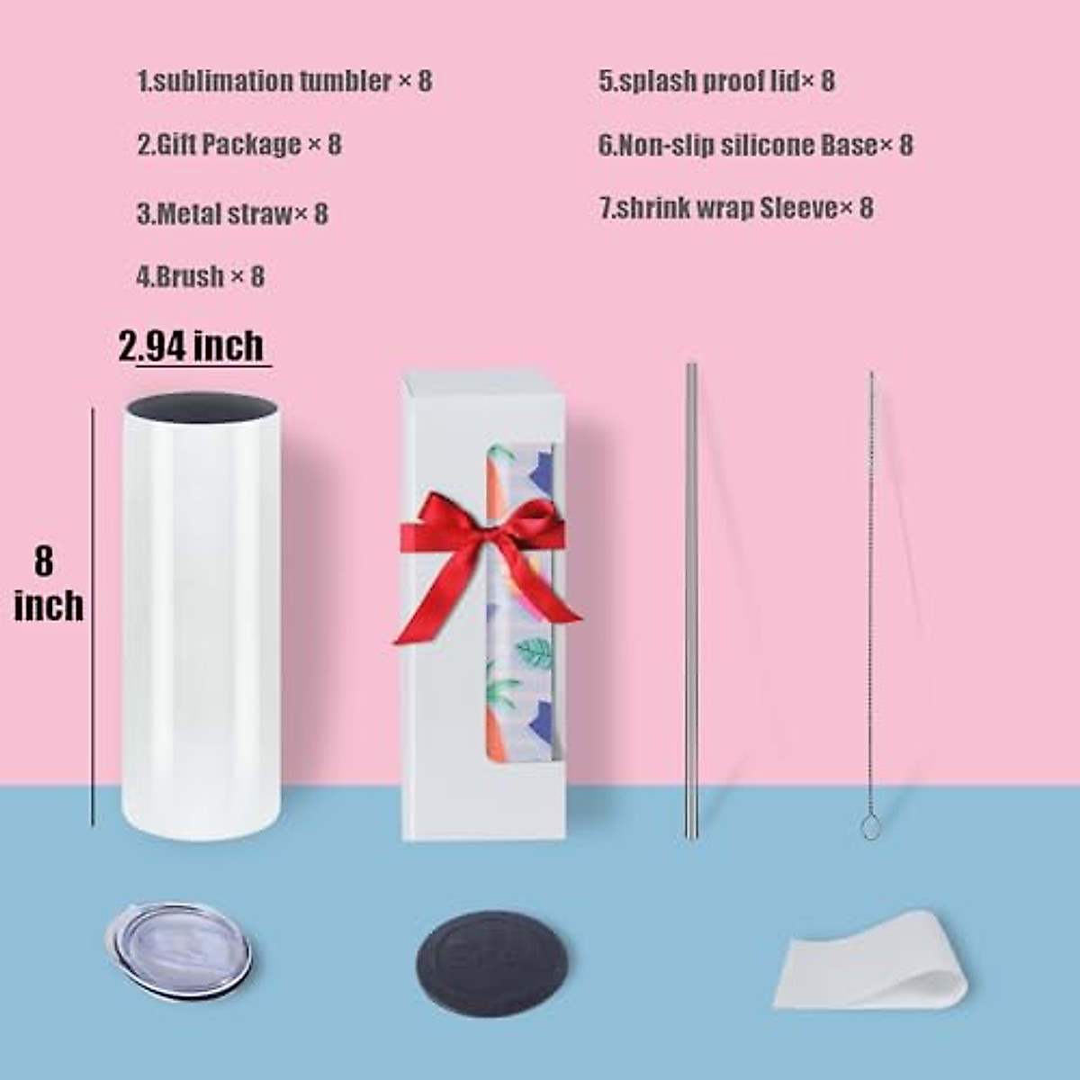 MICLAXYS 8 Pack Sublimation Tumblers 20 Oz Skinny Straight, Stainless Steel Sublimation Tumblers Blank, Individually Gift Boxed, Insulated Tumbler Sublimation (8)