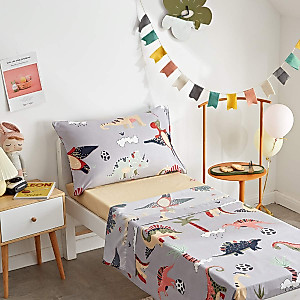 UOZZI BEDDING 4 Piece Gray Dinosaurs Toddler Bedding Set with Colorful Dinos Boys Bed Comforter Sheet Set