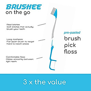 Brushee - The Evolution of Oral Care | 3-in-1 Tool (Pre-Pasted Mini-Brush + Floss + Pick) | Individually Wrapped | Disposable | Prepasted Travel Toothbrushes | Small Adult Toothbrush - (24-Pack)