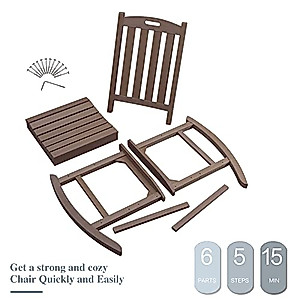 Psilvam Patio Rocking Chair, Poly Lumber Porch Rocker with High Back, 350Lbs Support Rocking Chairs for Both Outdoor and Indoor, Poly Rocker Chair Looks Like Real Wood (Brown)