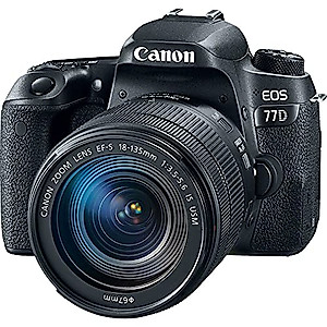 Canon EOS 77D DSLR Camera with 18-135mm USM Lens (1892C002) + 64GB Memory Card + Case + Card Reader + Flex Tripod + Hand Strap + Cap Keeper + Memory Wallet + Cleaning Kit (Renewed)