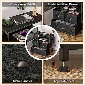 Furnulem Nightstand Set of 2, End Table with Charging Station, Industrial Bedside Tables with USB Ports & Power Outlets, 3 Fabric Drawer Dresser with Shelf for Bedroom, Living Room, Black Oak
