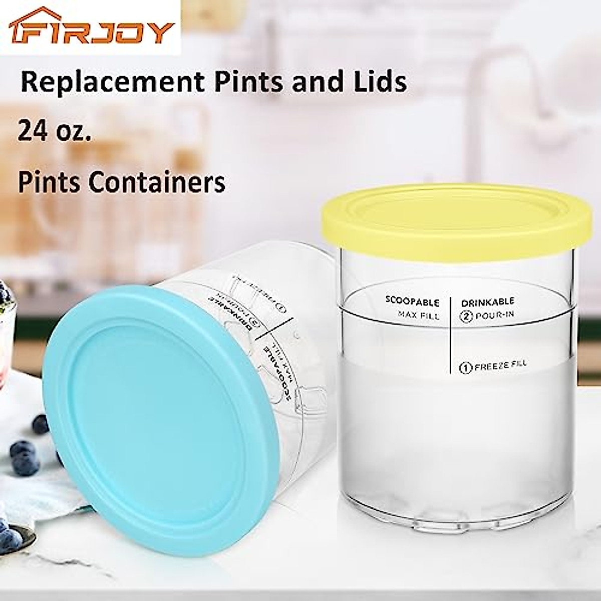 FIRJOY 24 oz. Containers | Extra Replacement Pints and Lids - Compatilbe with Ninja Creami NC501, NC500 Series/Deluxe 11-in-1 Ice Cream Maker (2 Pack - Blue, Yellow)