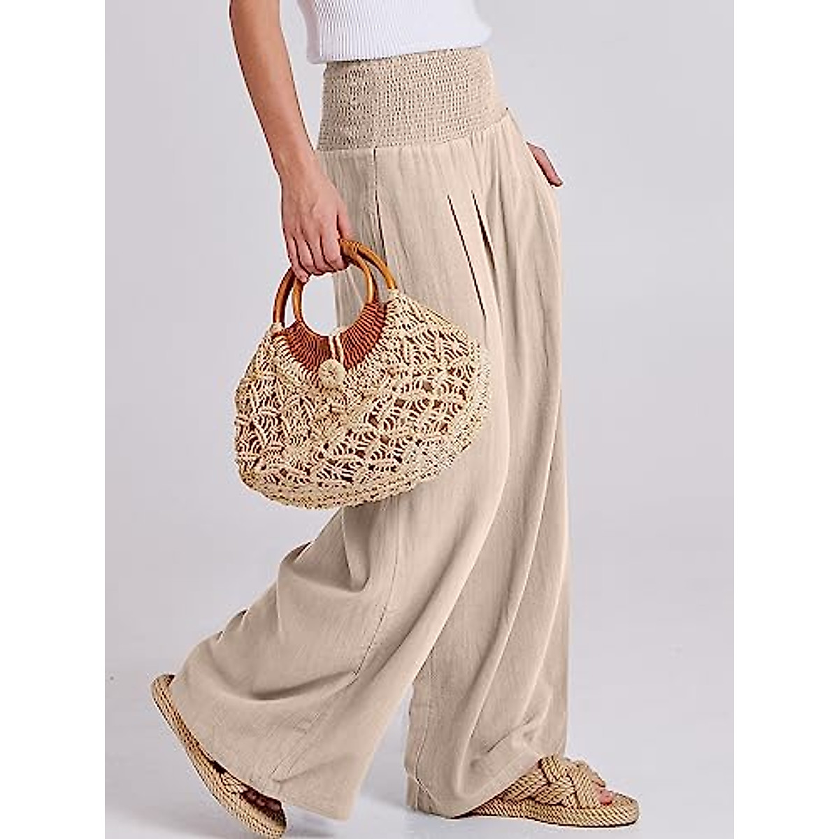 ANRABESS Women Linen Palazzo Pants Summer Boho Wide Leg High Waist Casual Lounge Pant Trousers with Pocket 1091mixing-S