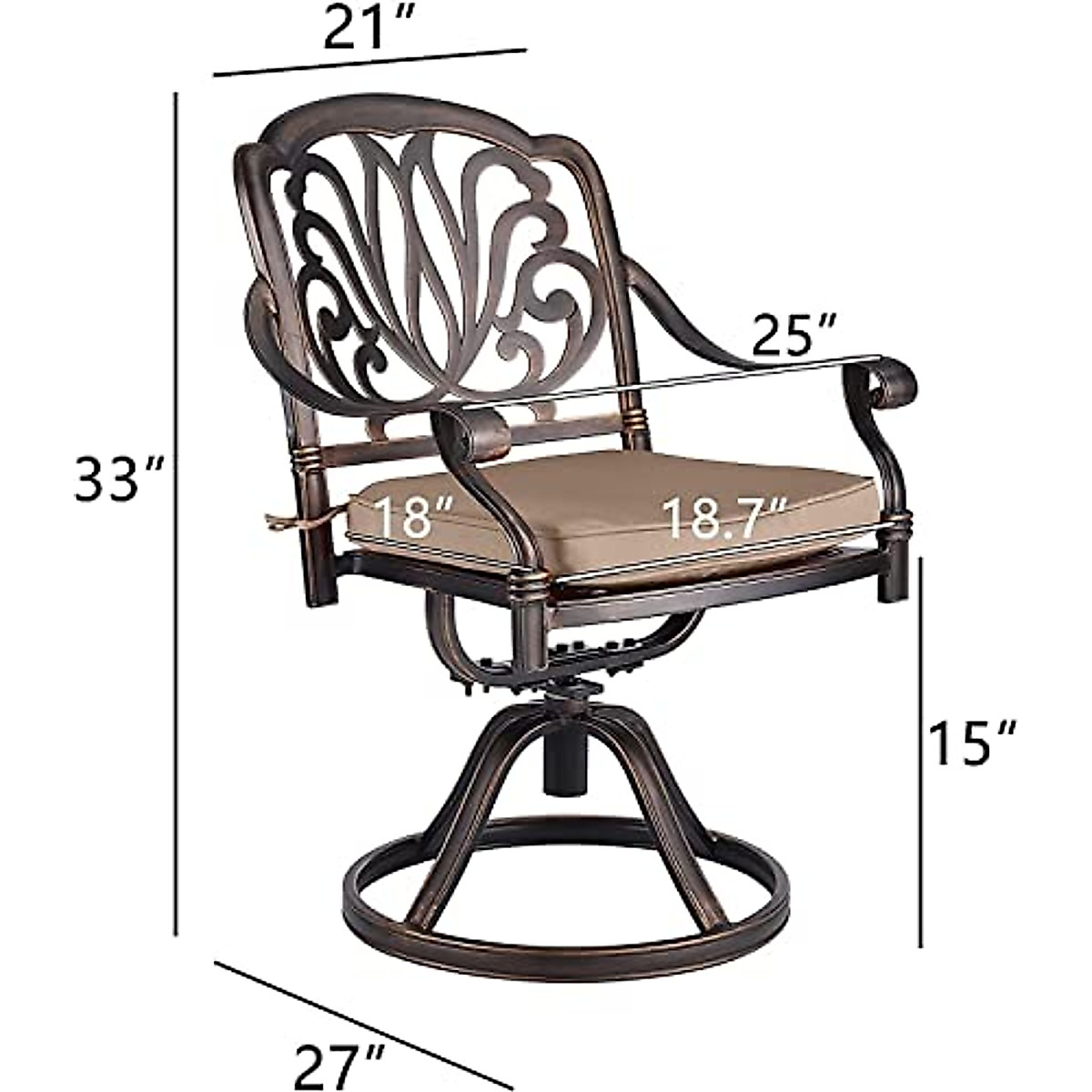 LEISU 2 Piece Cast Aluminum Bistro Dining Chair Outdoor Bistro Chairs with Khaki Cushions for Home Patio Garden Deck (2 Swivel Rocker)