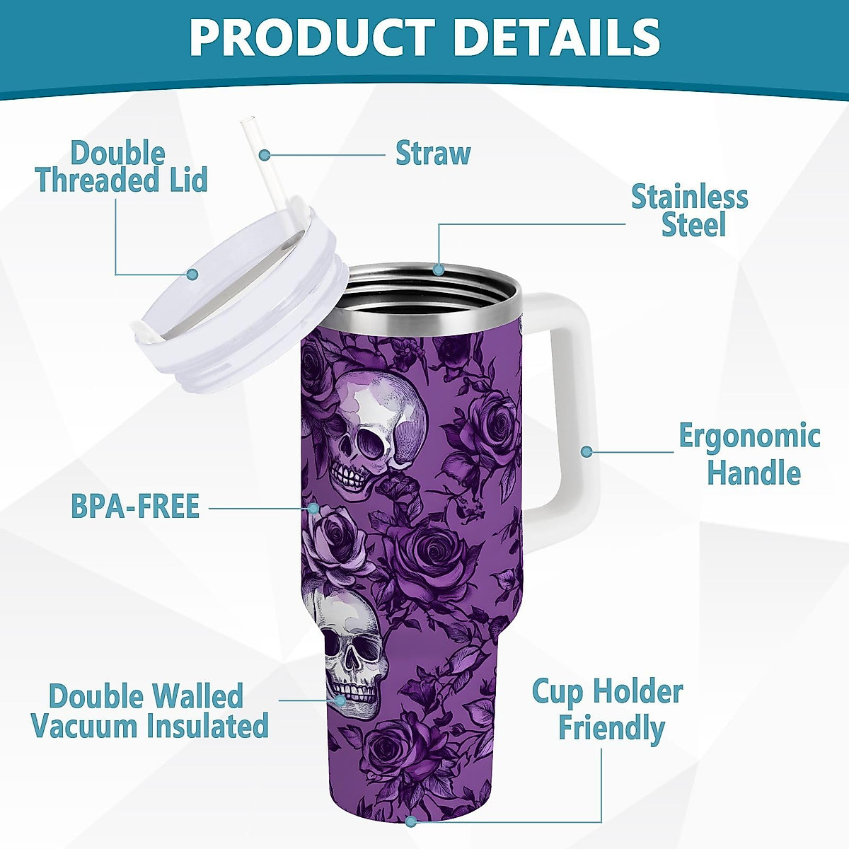 40 oz Car Tumbler Cup with Handle and Straw Lid for Water,Iced Tea or Coffee Purple Rose Skull Travel Mug Home Work Office Stainless Steel Water Bottle