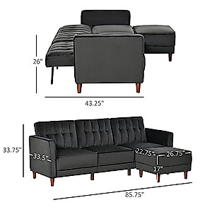 HOMCOM Upholstered L-Shaped Sofa Bed, Reversible Sectional Recliner Sofa Set, Velvet-Touch Sleeper Futon with Footstool, Black