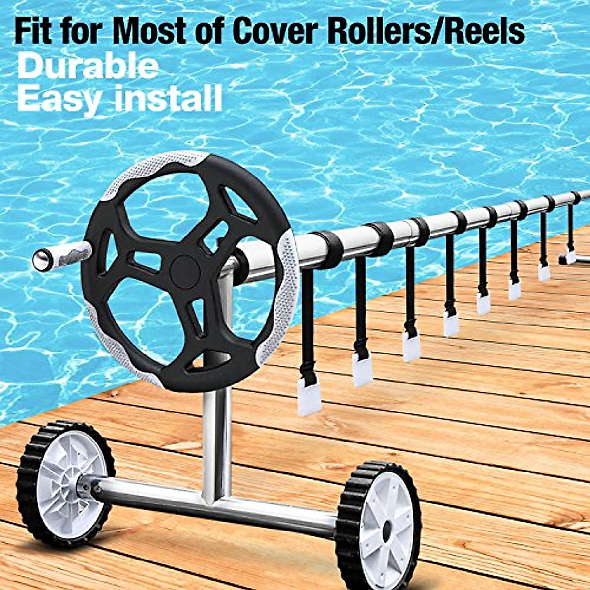 HENMI Pool Solar Cover Reel Attachment Kit,Solar Cover Reel Straps Solar Blanket Straps Kit for Universal In Ground Swimming Pool Including 8 Adhesive Nylon Straps and Tabs, 8 Cord Plates,8 Buckles