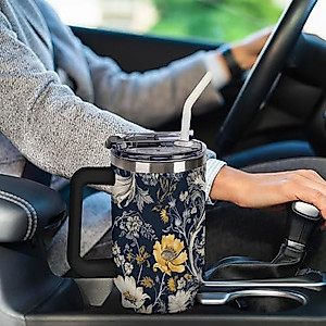 YTLKGFP 40 Oz Large Capacity Car Cup With Floral Pattern Tumbler with Handle (Black) Straw Lid Insulated Stainless Steel Water Bottle Travel Mug Leak-proof Car Cup Keeps Cold Or Hot