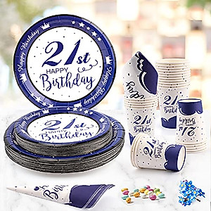 21st Birthday Decorations for Her/Him, 96pcs Happy Birthday Plates and Napkins Navy Blue Party Tableware Set Party Supplies Paper Plates Napkins Cups 21st Birthday Plates - Serves 24 Guests