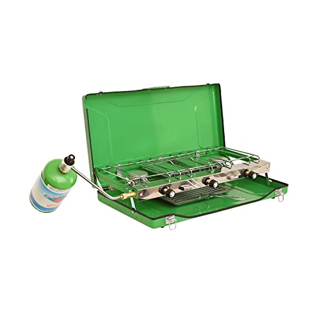 Flame King YSNBBQ-136M 3-Burner Portable Camping Stove Grill w/Toast Tray, Great for Outdoor Cooking, Backpacking, Compatible with 1LB Propane Gas Bottle