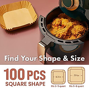 WAVELU Air Fryer Disposable Parchment Paper Liners | EXTRA STRONG | 100pcs | Food Grade Non-stick Unbleached Liners | Oil & Waterproof Sheets for Air Frying, Baking & Microwave (SQUARE 6.3 IN (3-5QT))