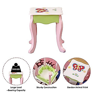 HILIROOM Kids Vanity Set with Mirror and Stool, Girls Makeup Vanity Wooden Dressing Table with Drawer, Princess Vanity Table and Chair Set, Pretend Play Vanity Set for Little Girls
