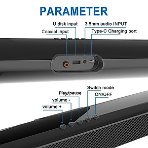 Portable Sound Bar for TV/PC, 105dB Bluetooth 5.0 Wireless & Wired Soundbar with 2200 mAh Battery, 3D Surround Sound Home Theater Built-in Subwoofer with Remote Control for Projectors/Phones/Tablets