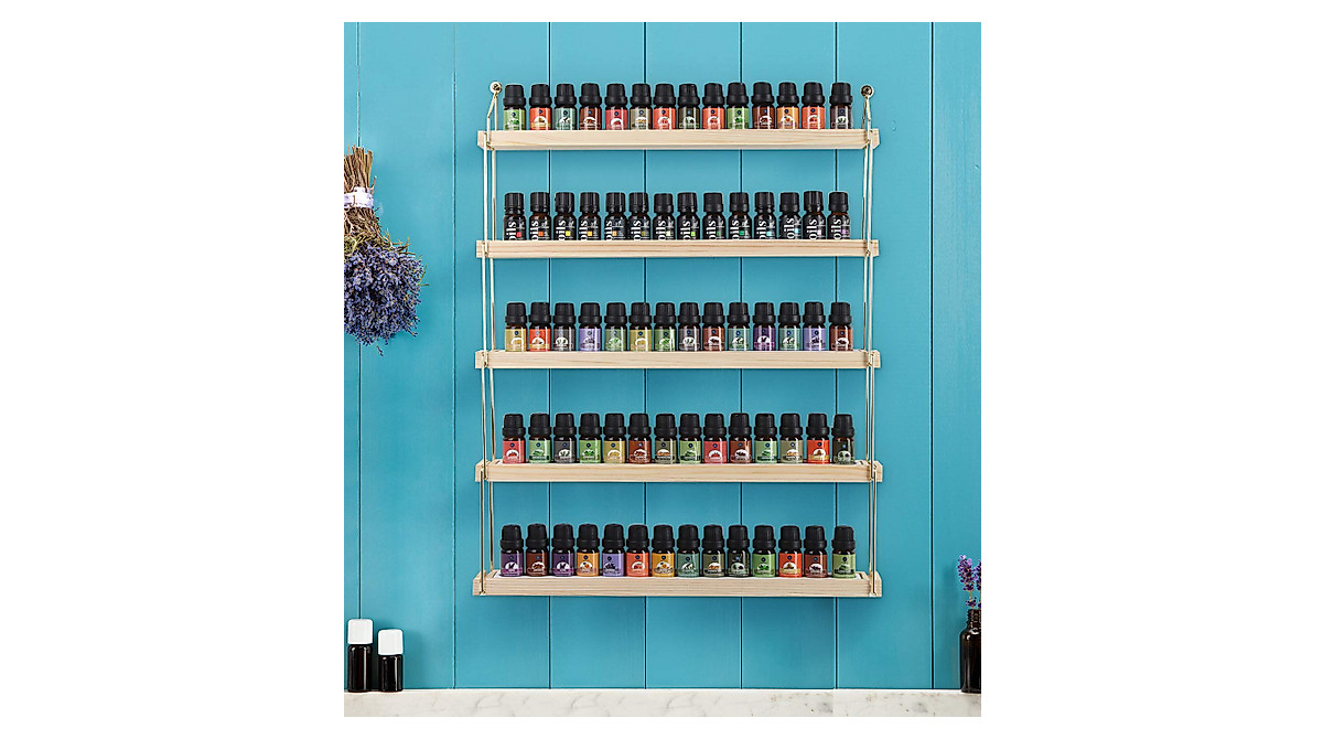 Wall Mount Essential Oils Display Shelf - Holds 70 Bottles in Gold Frame