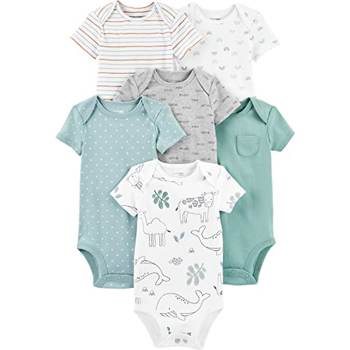Simple Joys By Carter's Unisex Baby 6-pack Short-sleeve Bodysuit Shirt, Animal/Rainbow/Stripe/Text Print, 3-6 Months US