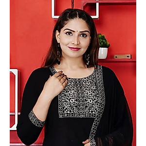 COTTON HTHRANG Indian Women's Tunic Tops Straight Rayon Black Kurtis Pant Sets W Chiffon Dupatta/A-Line Kurti Tunics