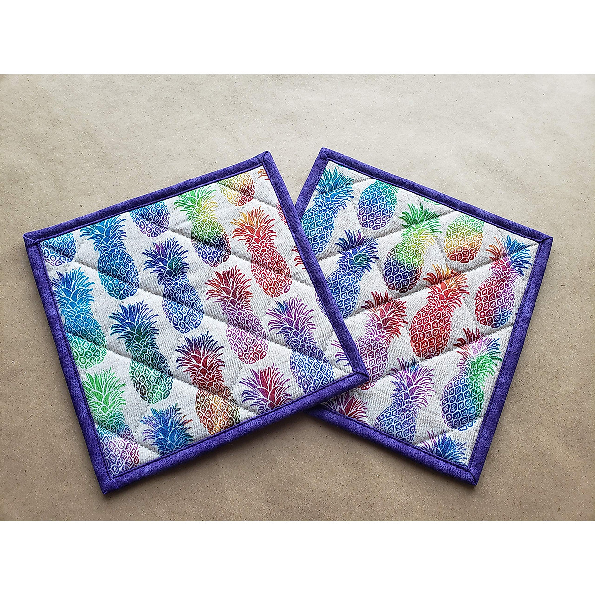 Rainbow Pineapple Potholders Set of 2 Handmade Hospitality Hostess Gifts Under 20 Summer Kitchen Linens Insulated Hot Pads Pair Quilted Trivets Charleston SC Themed Kitchen Decor