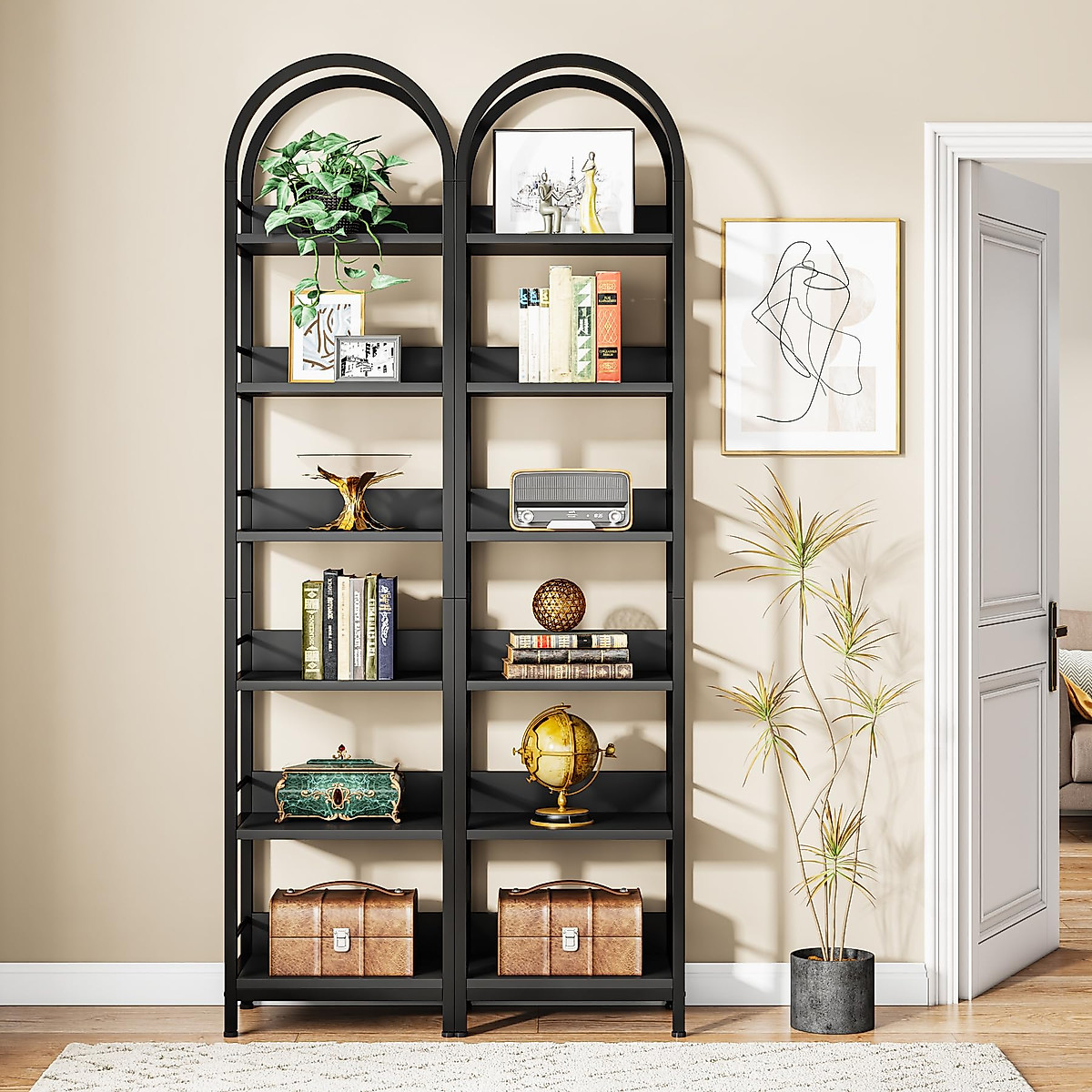 Tribesigns 78.7" Tall Bookshelf, Industrial Wood 6-Tier Bookcase, Arched Narrow Bookshelf, Ladder Shelf Storage Organizer, Display Shelf with Metal Frame for Bedroom, Living Room, Black