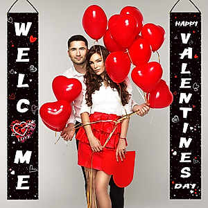 Whaline Valentines Porch Sign, Welcome and Happy Valentines Day Hanging Banners for Holiday Home Indoor Outdoor Porch Wall Valentine's Day Decoration (Black)
