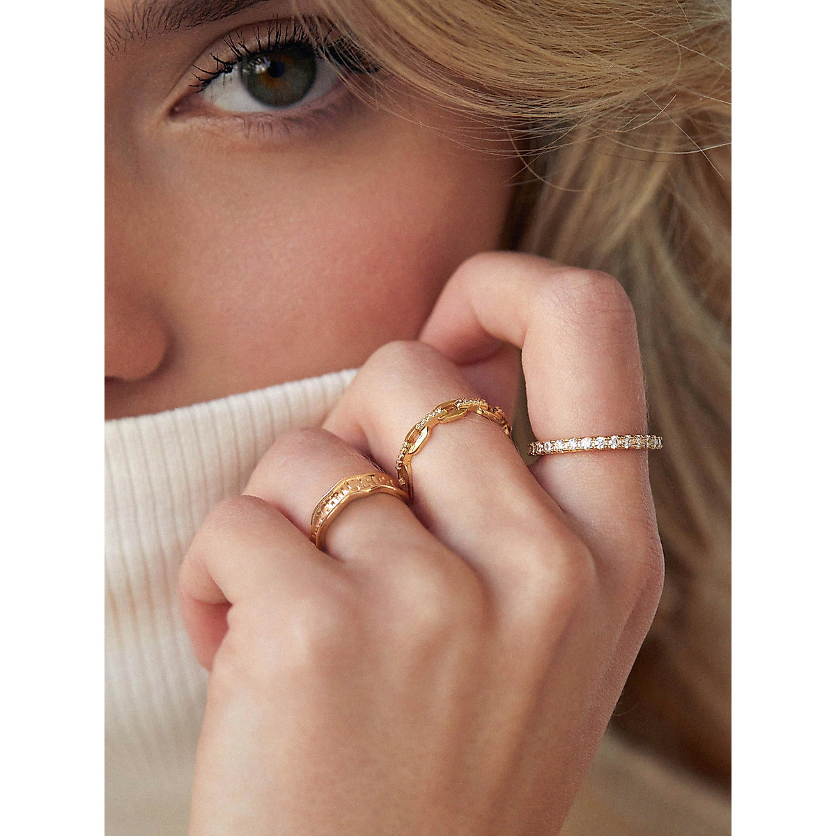 Aobei Pearl 18K Gold Plated Irregular Wave Open Ring for Women Minimalist Band Ring Adjustable Knuckle Finger Jewelry