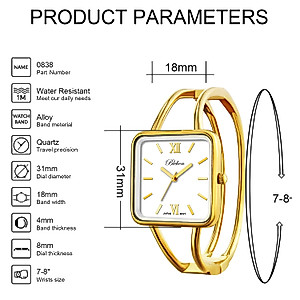Blekon Collections Womens 30mm Square Elegant Metal Cuff Bangle Fashion Watch (Gold)
