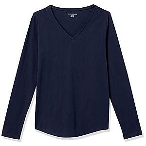 Amazon Essentials Women's Classic-Fit 100% Cotton Long-Sleeve V-Neck T-Shirt, Navy, XX-Large