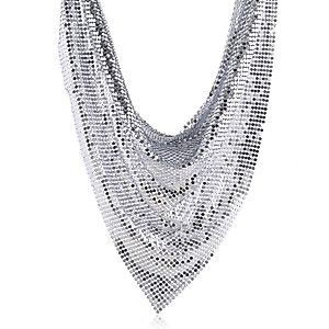 COLORFUL BLING Fashion Sequins Tassel Choker Necklace Chunky Fringe Pyramid Bib Stetement Necklace Thick Collar for Women Costume Jewelry-Silver