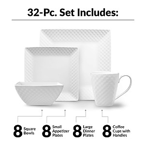 32 Pc. Square Basketweave Porcelain Dishes Set – White Dinner Plates, Bowls, Coffee Cups