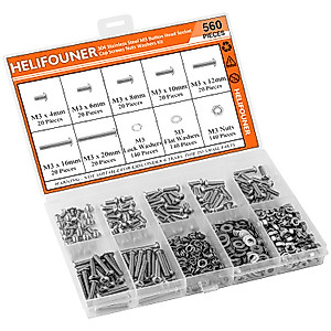 HELIFOUNER 560 Pieces M3 x 4mm /6mm /8mm /10mm /12mm /16mm /20mm, Button Head Socket Cap Screws Bolts Washers Nuts Kit, 304 Stainless Steel