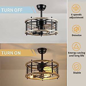 SHIHOT Caged Ceiling Fans with Lights and Remote, Farmhouse Rustic 20 Inch Fandelier Small Ceiling Fan with Light for Bedroom Kitchen Dining Living Room